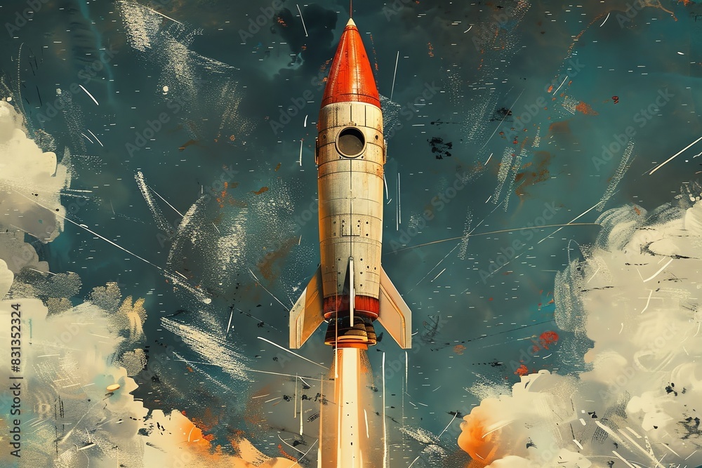 Vintage rocket launch with smoke and abstract sky background, capturing ...