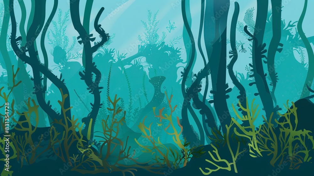 Mystical kelp forest flat design side view, eco-fantasy, animation, monochromatic color scheme ...