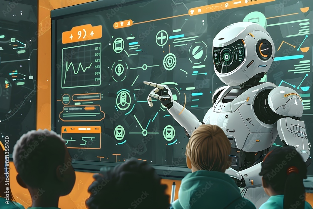 a friendly, humanoid robot teacher pointing at a smart board filled ...