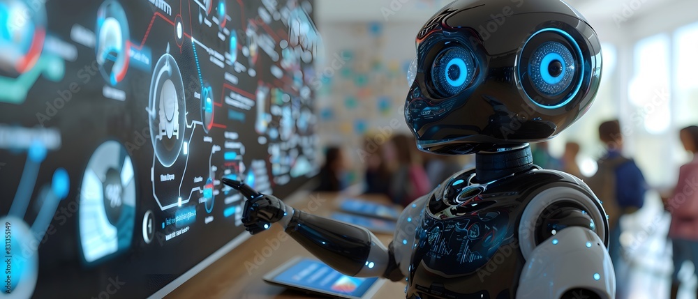 a friendly, humanoid robot teacher pointing at a smart board filled ...
