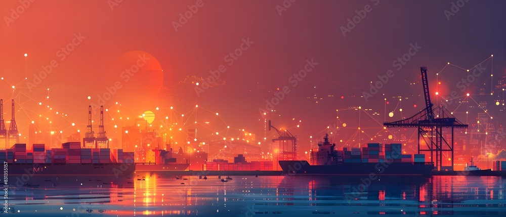 a bustling port with cargo ships, containers, and cranes, with digital ...