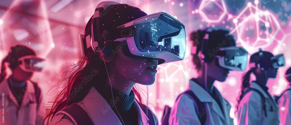 students in a high-tech lab wearing ar glasses, manipulating virtual ...