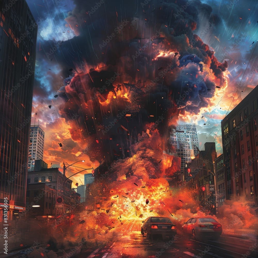 A dramatic digital painting of an EV car explosion on a busy street ...