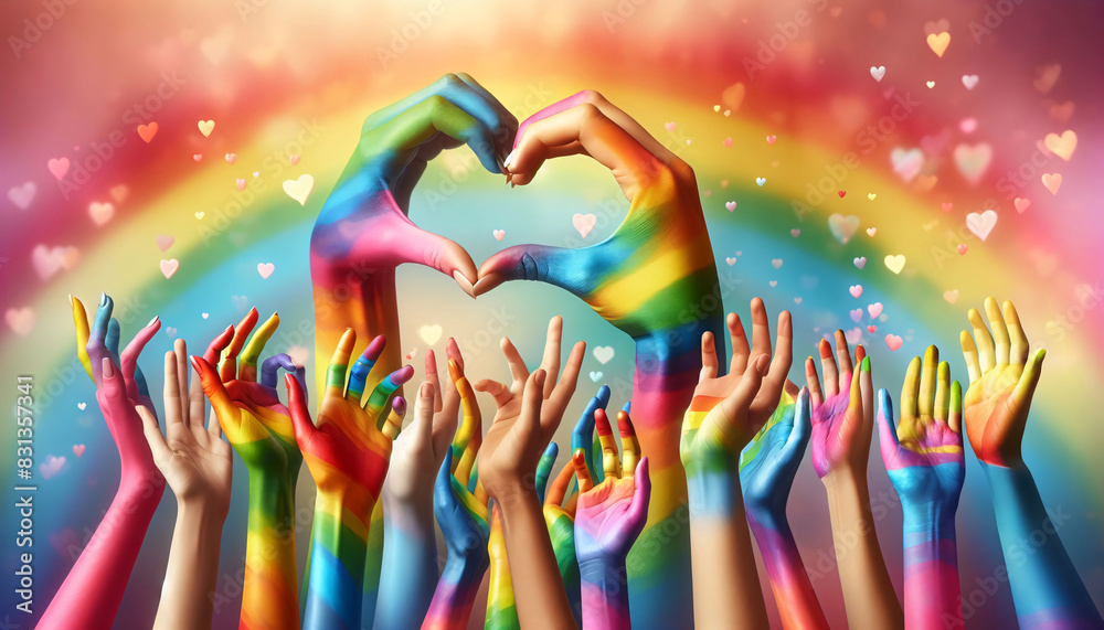 Zwei Hände in Regenbogenfarben formen ein herz Stock Illustration | Adobe Stock