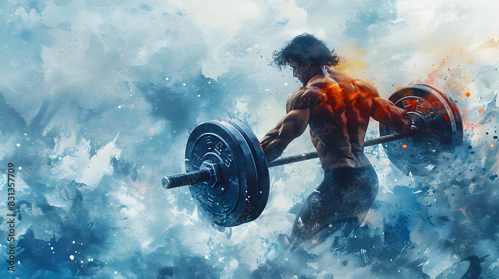 Watercolor art of a weightlifter lifting a barbell with the Eiffel ...