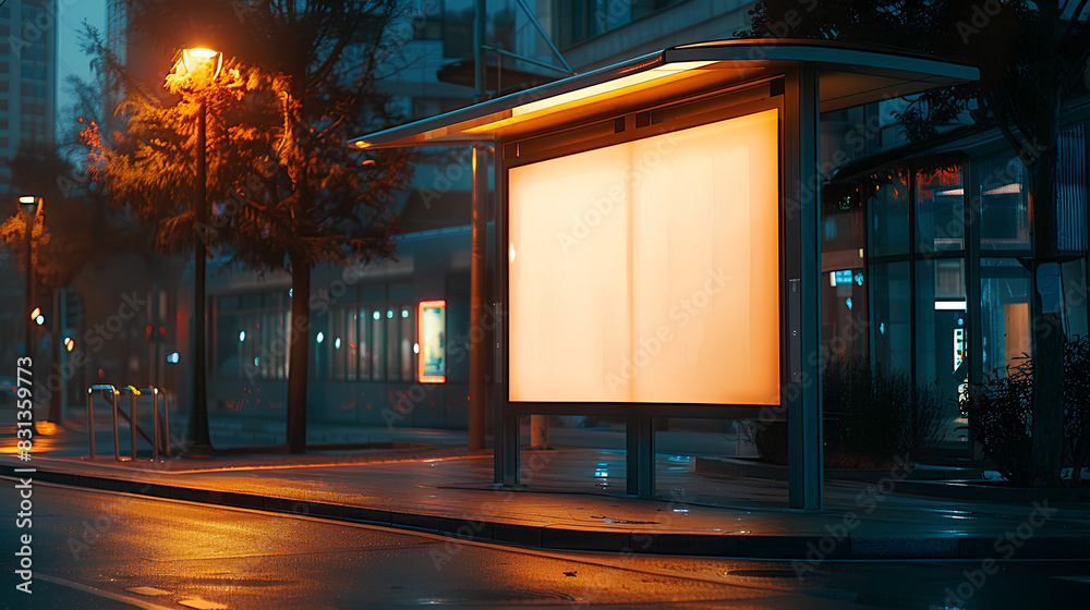 bus shelter with blank ad panel billboard display empty white lightbox ...