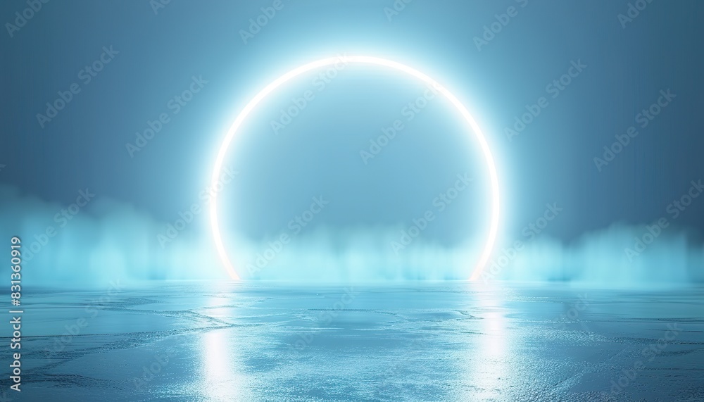 Abstract minimalistic light blue background with a circular neon glow ...