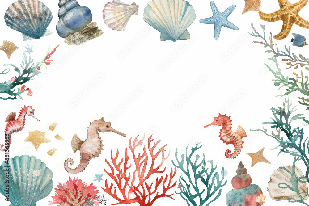 Watercolor painting coral reef ocean theme frame border. Stock ...
