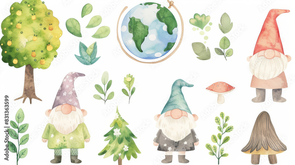 Set of cute gnomes in forest, eco friendly, environmental and earth day ...