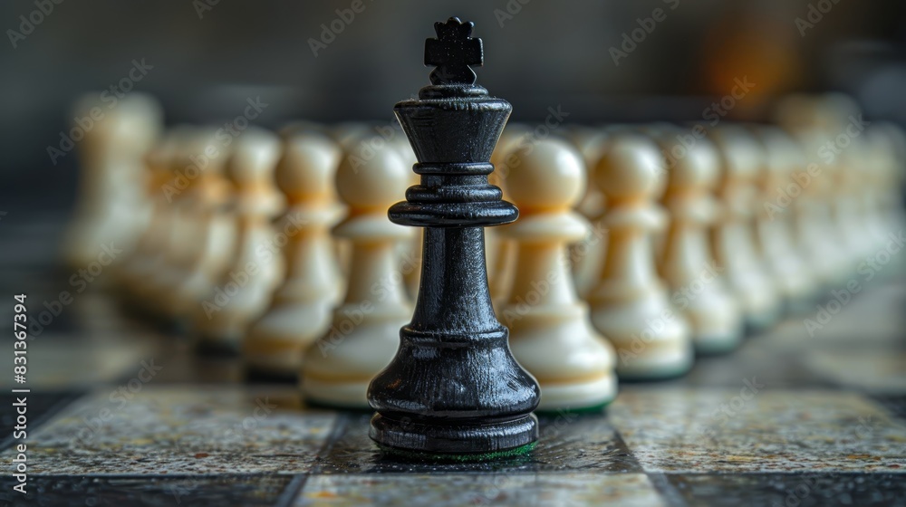 A close-up of a chess king and pawns on a chessboard, symbolizing ...
