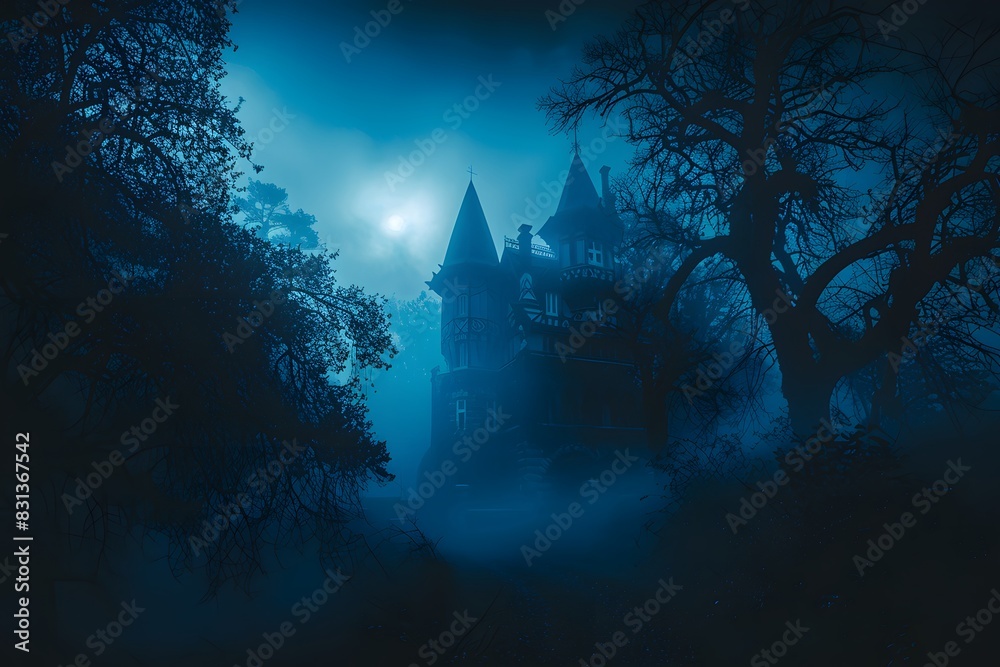 Scary Haunted House in Moonlit Fog with Eerie Trees Stock Photo | Adobe ...