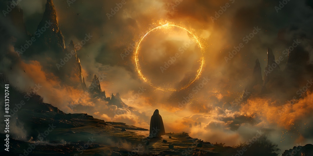 Enigmatic sorcerer standing amidst ancient ruins, channeling arcane ...