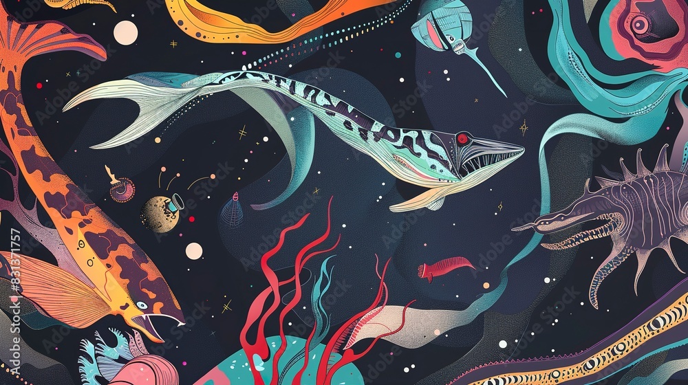 Cosmic sea creatures flat design side view, celestial influences, water ...