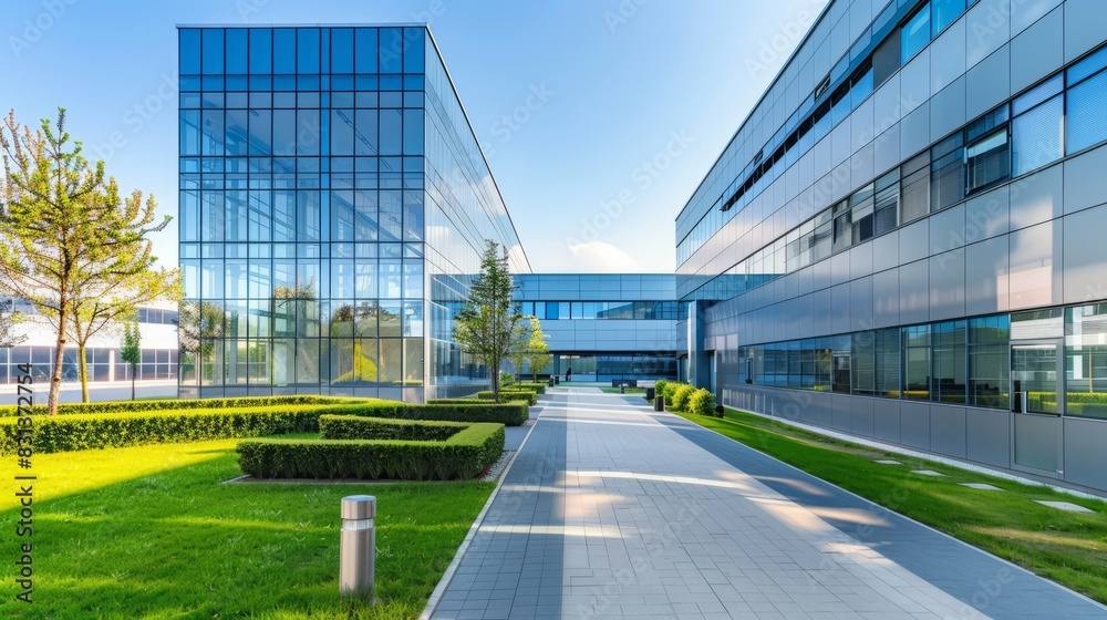 Modern factory exterior with sleek design, large glass facades ...