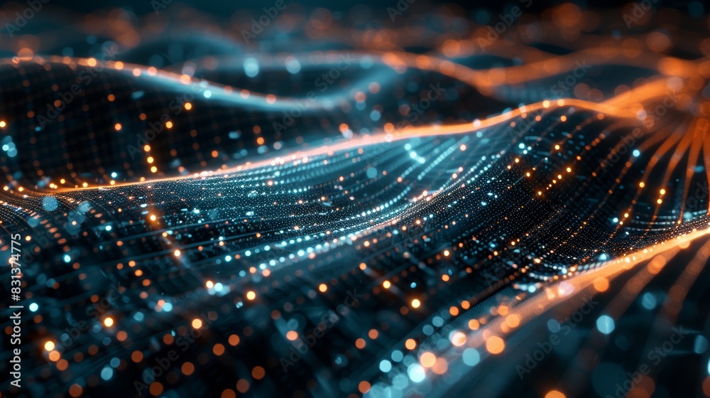 Tilted angle perspective of an intricate digital web, shimmering in metallic hues, with ...