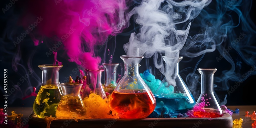 Colorful chemistry experiment with smoke in test tube and glass bottle ...