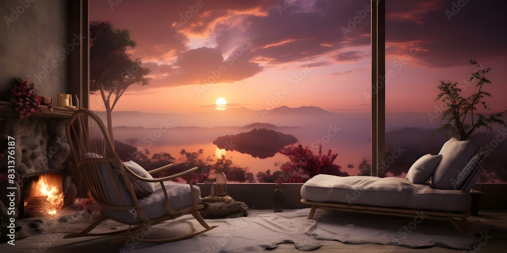 Cozy sunrise virtual living room background for stream overlay. Concept ...