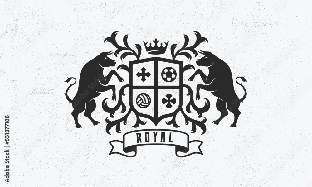 Royal vintage logo. Heraldic crest template logo with standing bulls ...