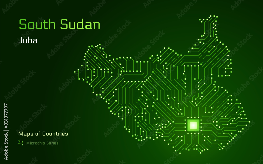 South Sudan Map with a capital of Juba Shown in a Microchip Pattern ...