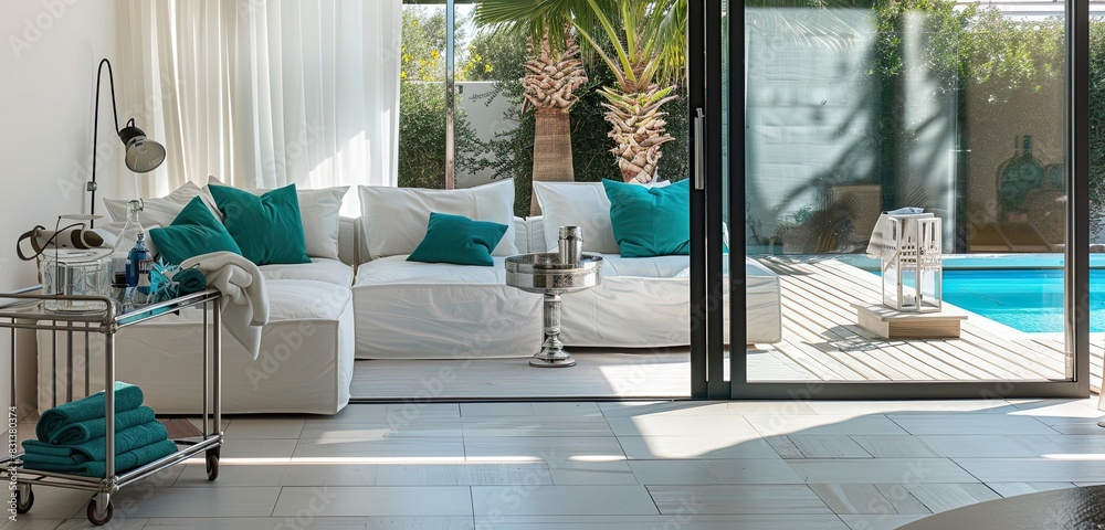 modern summer living room with sliding glass doors opening onto a ...