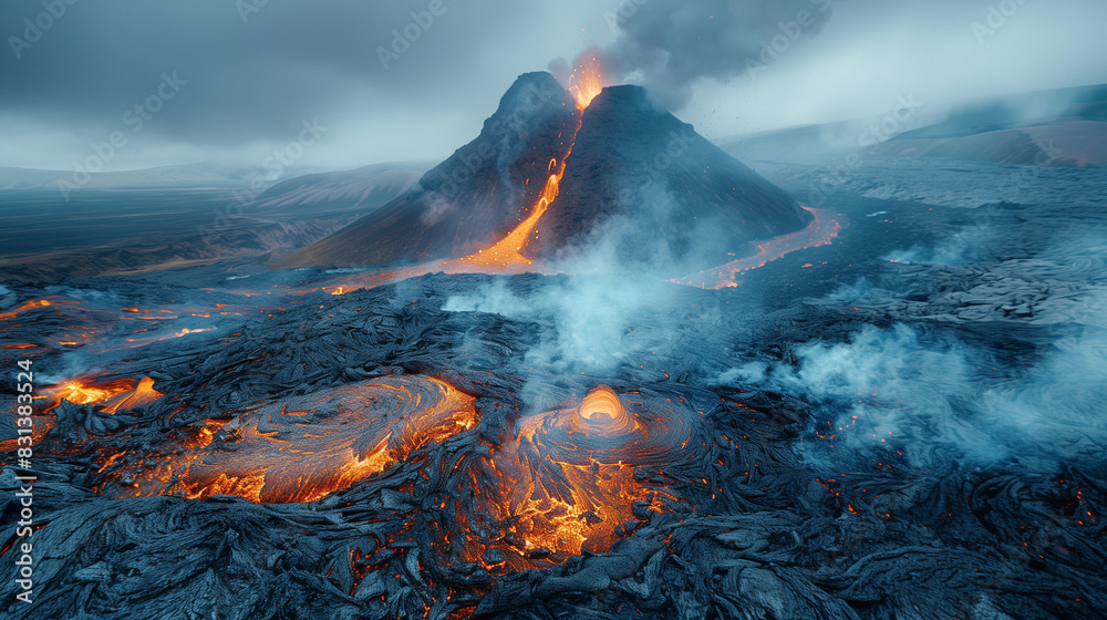 Paysage désertique et volcanique avec un volcan en éruption, terre ...