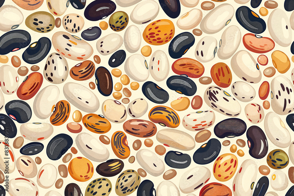 Flat art featuring various types of beans. The scene is depicted in a ...