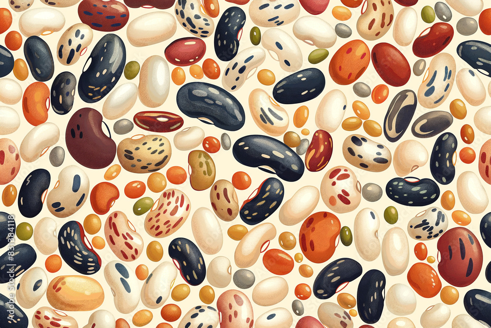Flat art featuring various types of beans. The scene is depicted in a ...