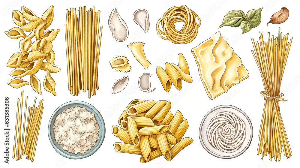 Flat art featuring various types of pasta and spaghetti. The scene is ...
