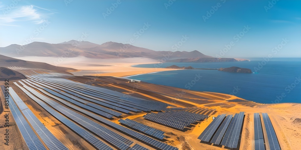 Solar panels help desert farm near ocean generate electricity. Concept ...