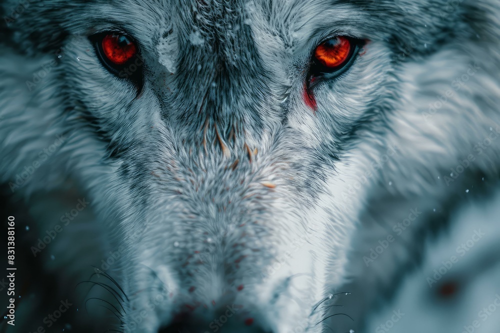Closeup portrait of an intense redeyed canis lupus wolf in the snowy ...