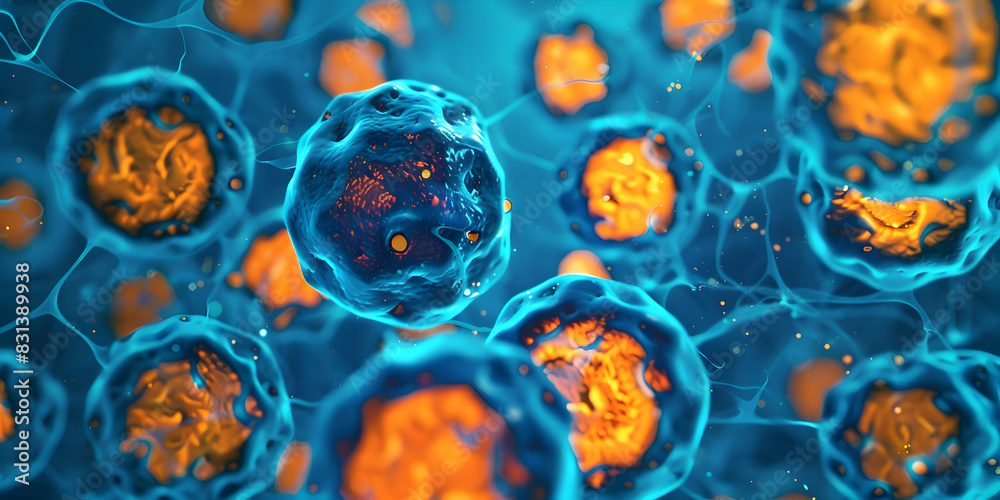 Digital illustration of human cells magnified, showing cellular ...