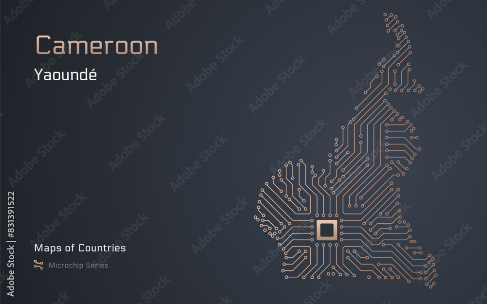 Cameroon Map with a capital of Yaounde Shown in a Microchip Pattern ...