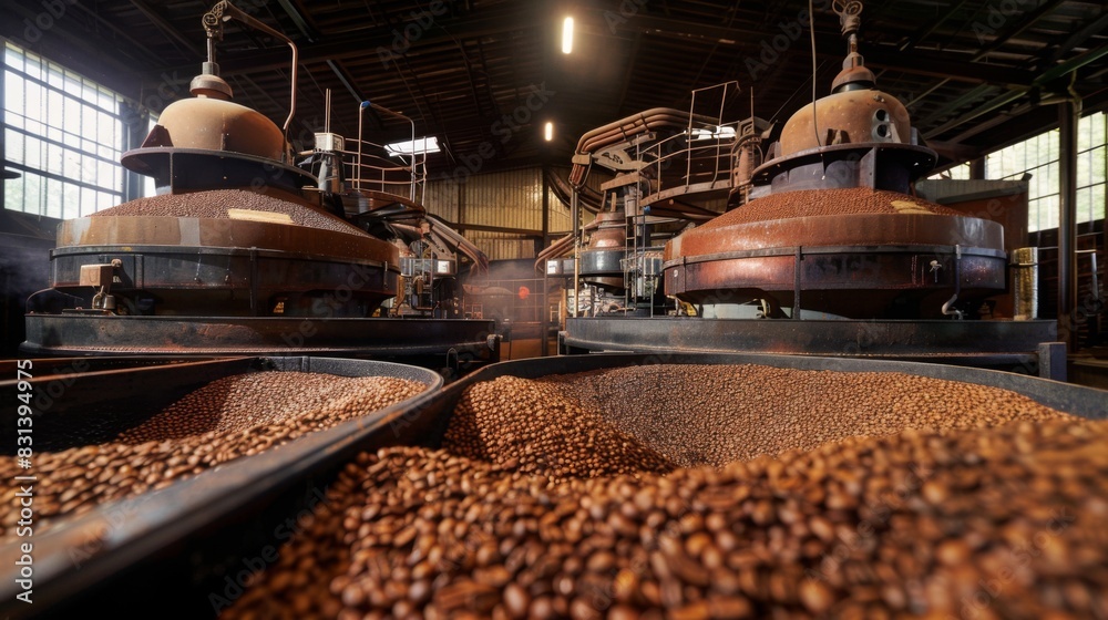 Large industrial coffee roasters roasting coffee beans inside a ...