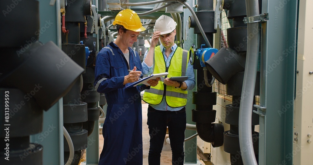 Civil engineer manager and foreman worker checking industry cooling air ...