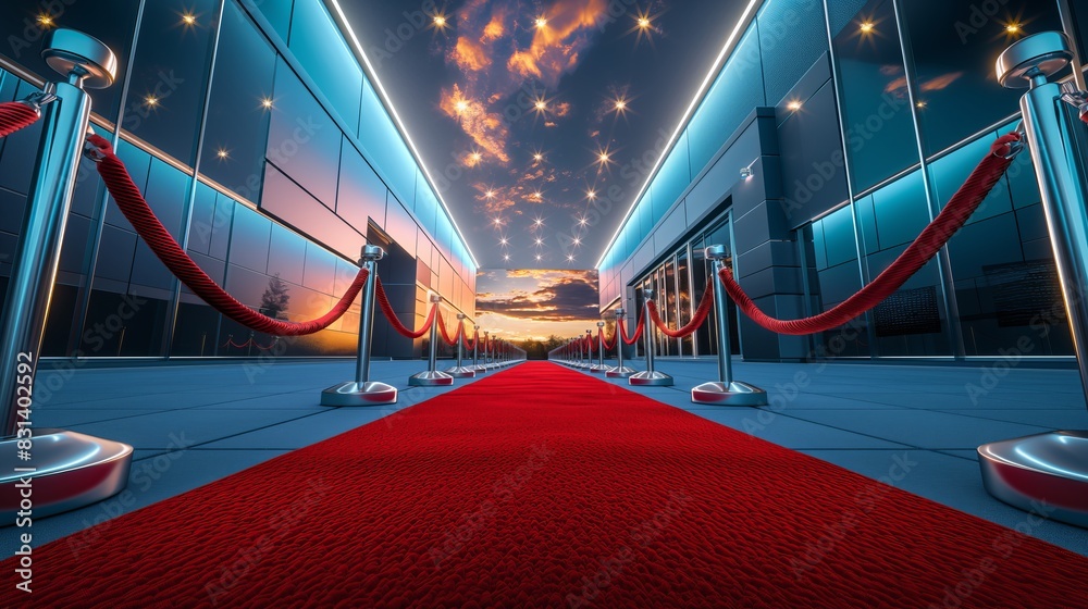 Red carpet and silver stapping railings on the outside of modern ...