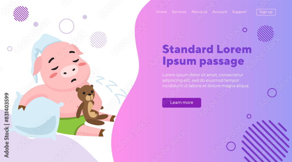 Pig in nightcap sleeping with teddy bear. Cute animal cartoon character ...