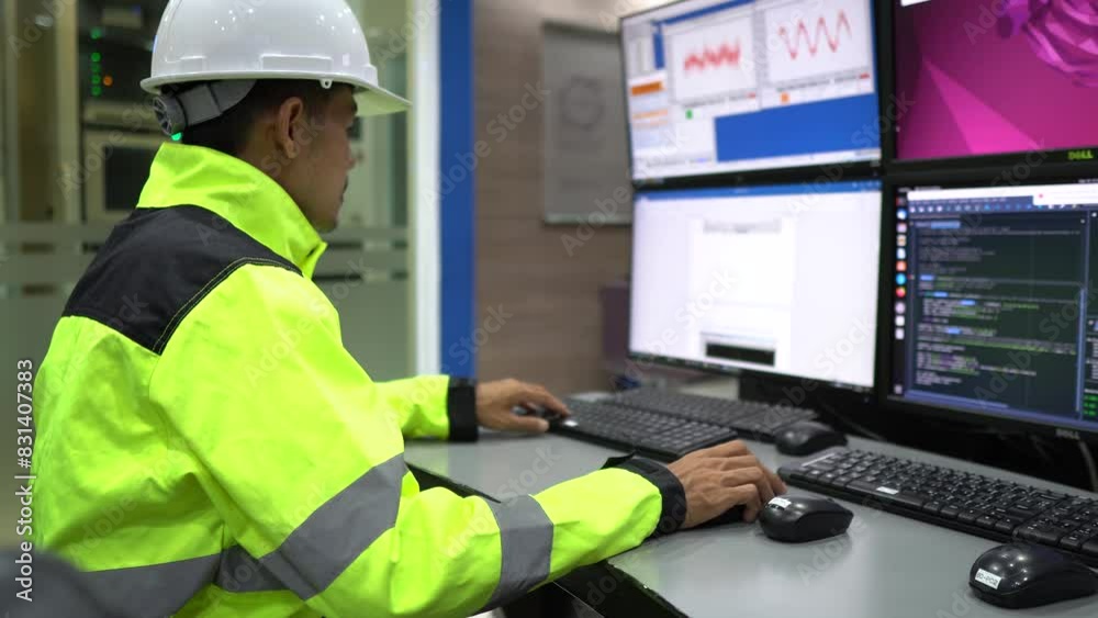Engineer working in a control room,programming to manage industrial machines,monitoring multiple ...