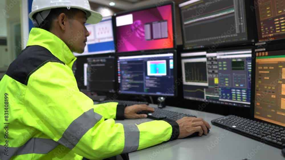 Engineer working in a control room,programming to manage industrial ...