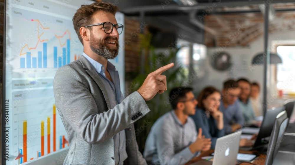 Business analyst pointing to a bar graph during a presentation ...
