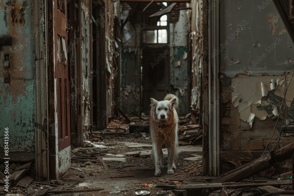 Solitary dog stands in a decrepit, abandoned building's hallway ...