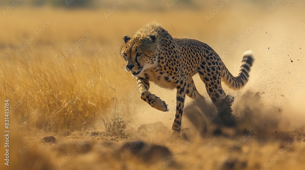 A powerful cheetah sprinting through the golden grasslands, showcasing ...