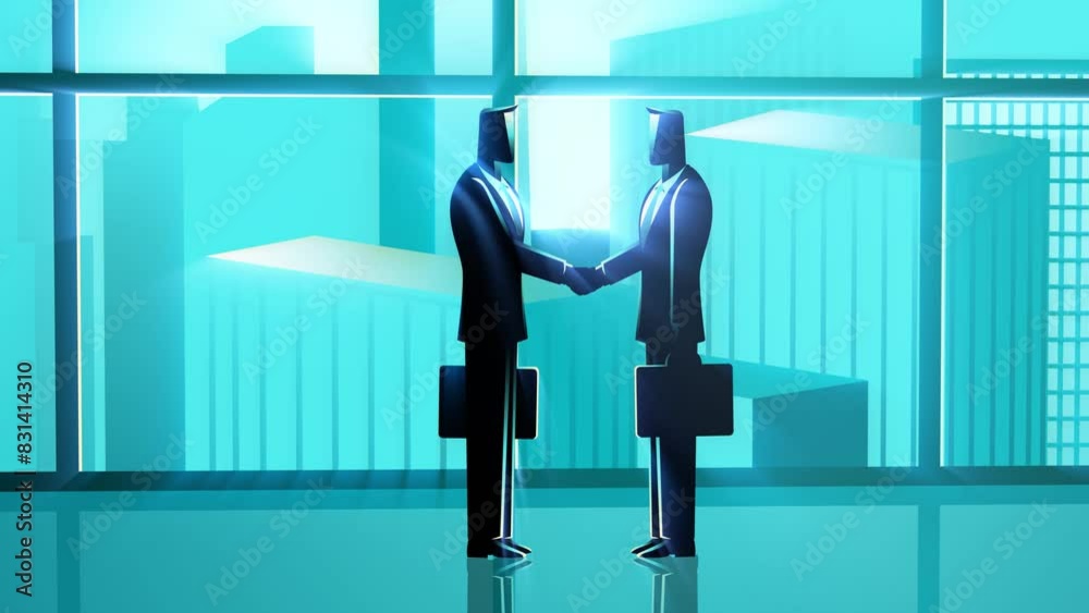 Animation of two businessmen shaking hands in a luxury office ...