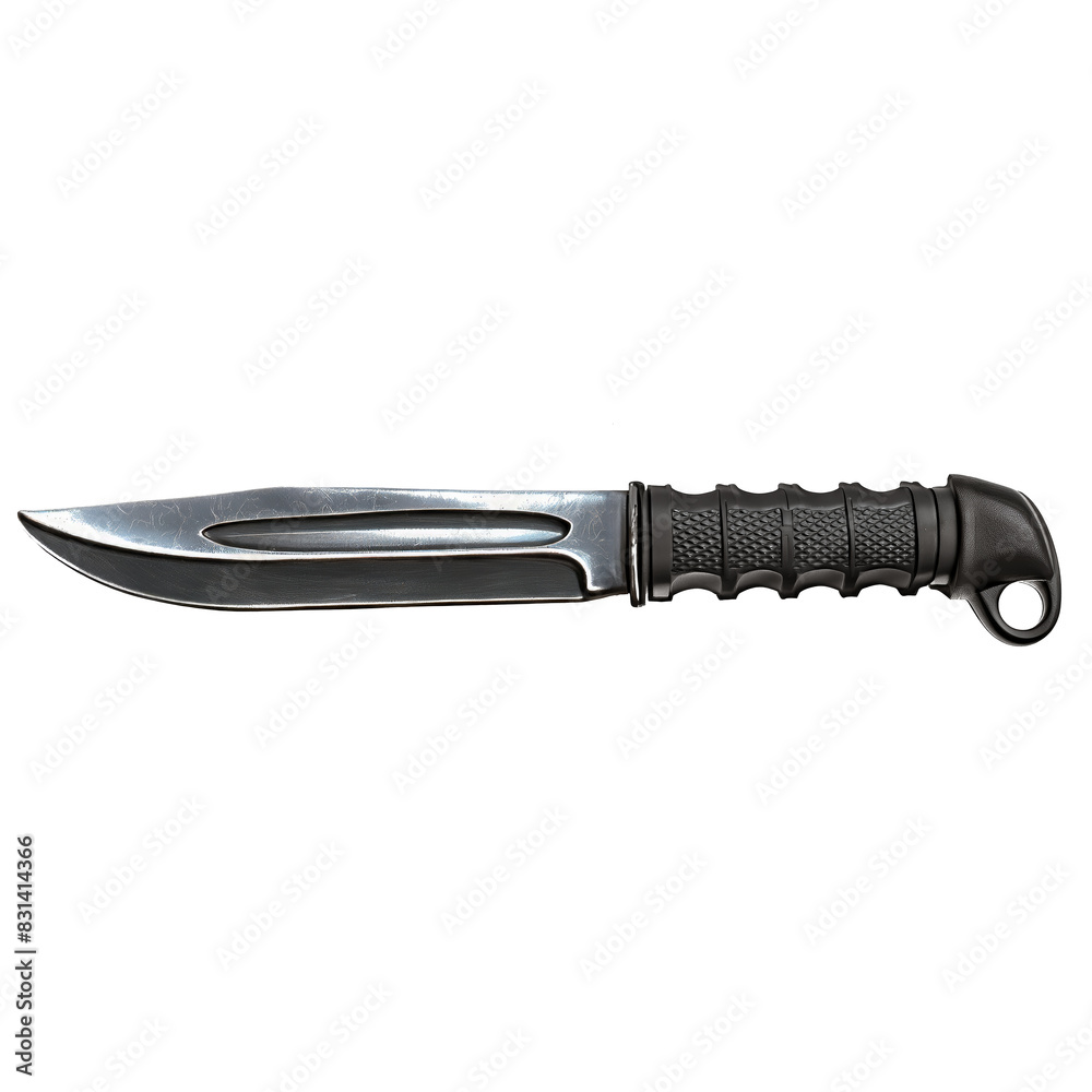 Combat knife with a black handle metallic blade showing texture and ...