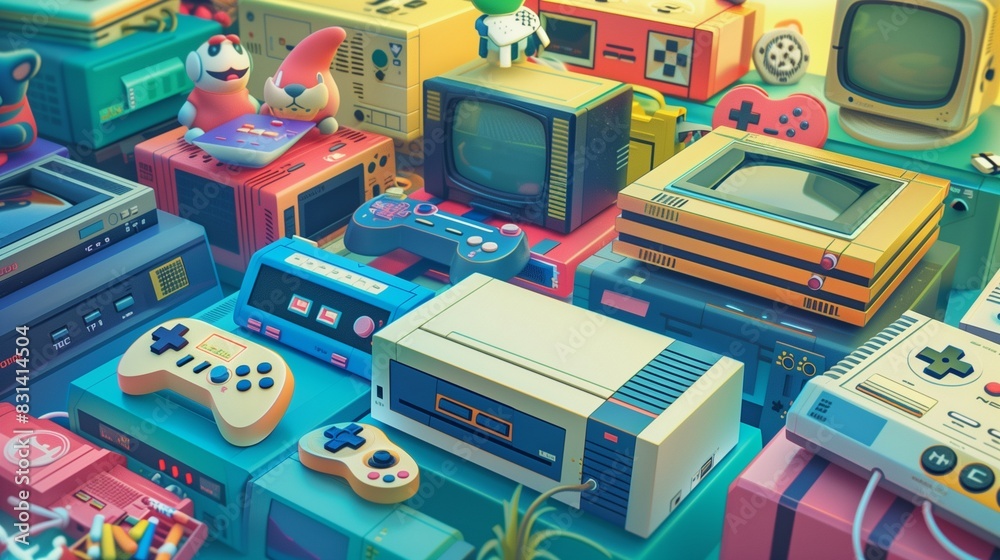A colorful cartoon scene featuring multiple vintage gaming consoles and ...