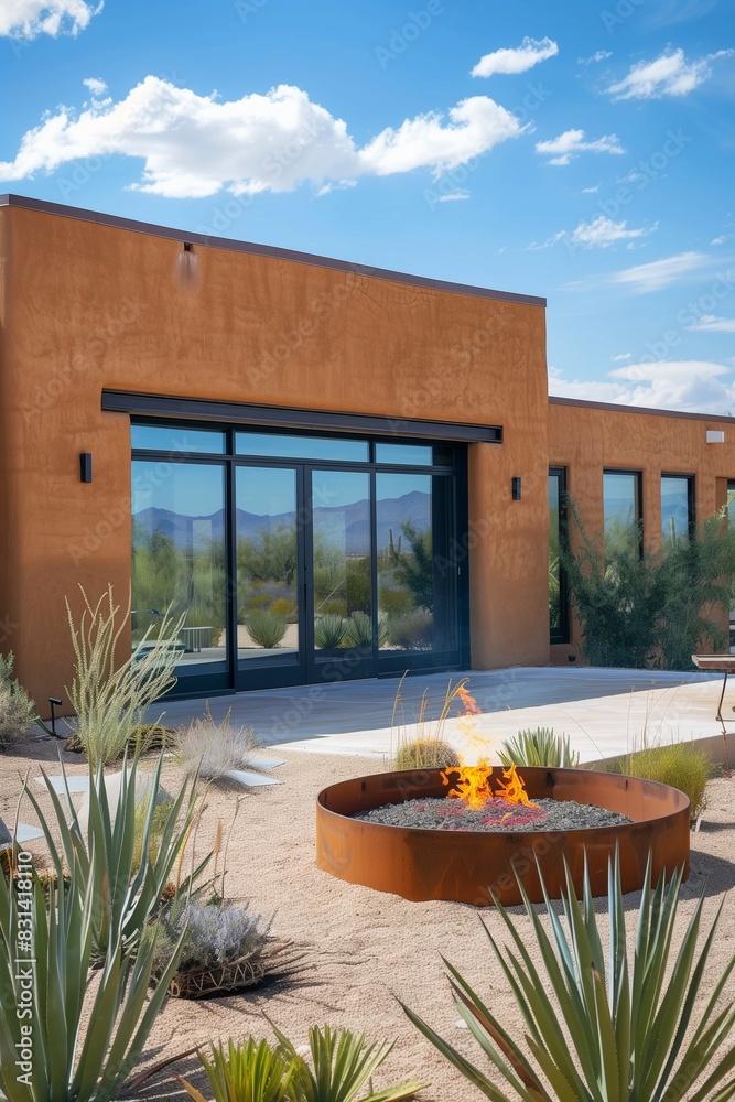Minimalist desert retreat exterior with adobe walls, wide glass doors ...