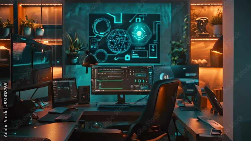 A computer desk with a monitor and a keyboard, showcasing a high-tech ...