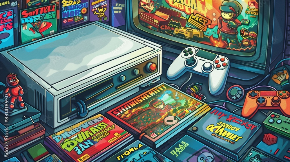 A vibrant cartoon art of a vintage gaming setup with a console ...