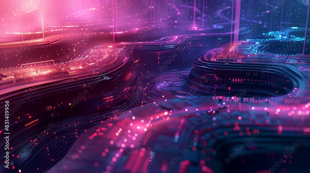 An abstract technological landscape with layered circuit boards and ...