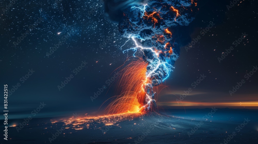Dramatic image of a volcanic lightning storm illuminating the ash ...