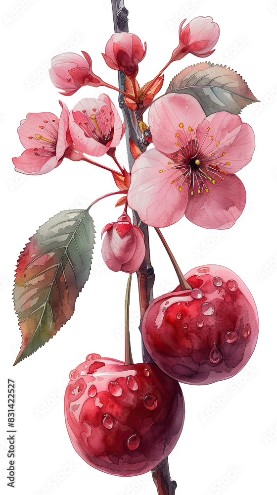 Sweet cherries with cherry flower and leaves. Watercolor, antique ...